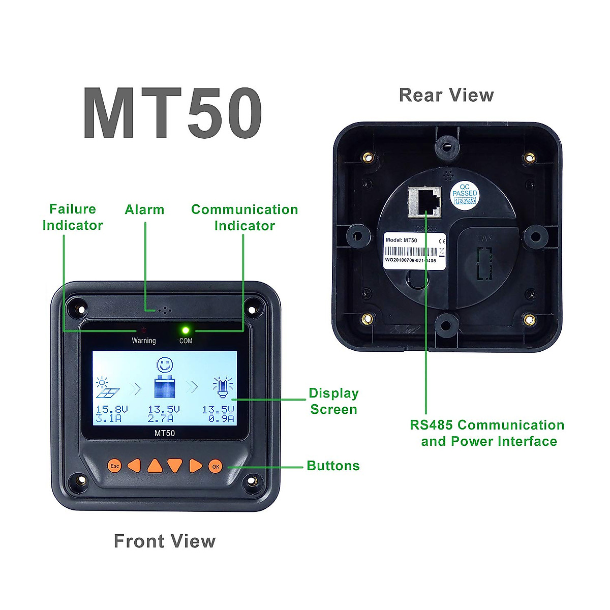 EPEVER MT50 Remote Meter Only Suitable Brand Tracer-an/BN Series and Triron-N, Xtra, LS-B, VS-BN, eTracer, iTracer, Tracer-BPL Monitor and Set Parameter of Solar Charge Controller