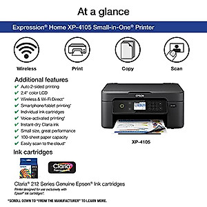 Epson Expression Home XP-4105 All-in-One Wireless Color Inkjet Printer, Black - Print Copy Scan - 2.4" Color LCD, 10.0 ppm, 5760 x 1440 dpi, Auto 2-Sided Printing, Voice Activated