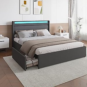 ClouDDwell Queen Bed Frame with RGBW LED Lights, Upholstered Headboard & 4 Storage Drawers, Thickened Hardwood Slats, Dark Grey