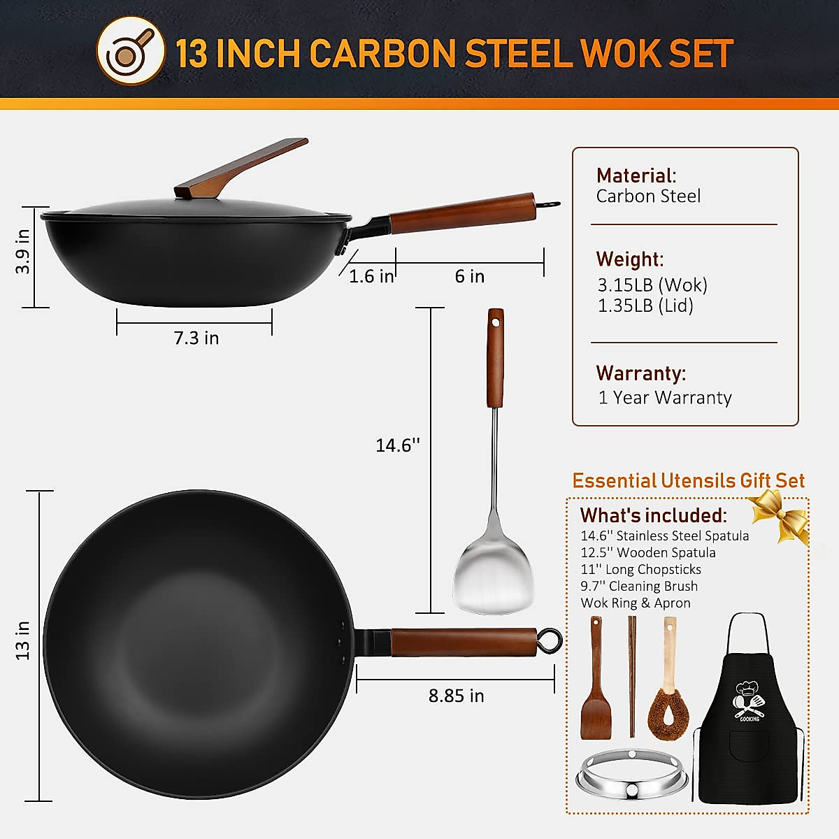 HIHEGD Carbon Steel Wok, 13 Inch Wok Pan with Lid Woks & Stir-Fry Pans with Spatula, No Chemical Coated Flat Bottom Wok for Induction, Electric, Gas Stove, All Stoves