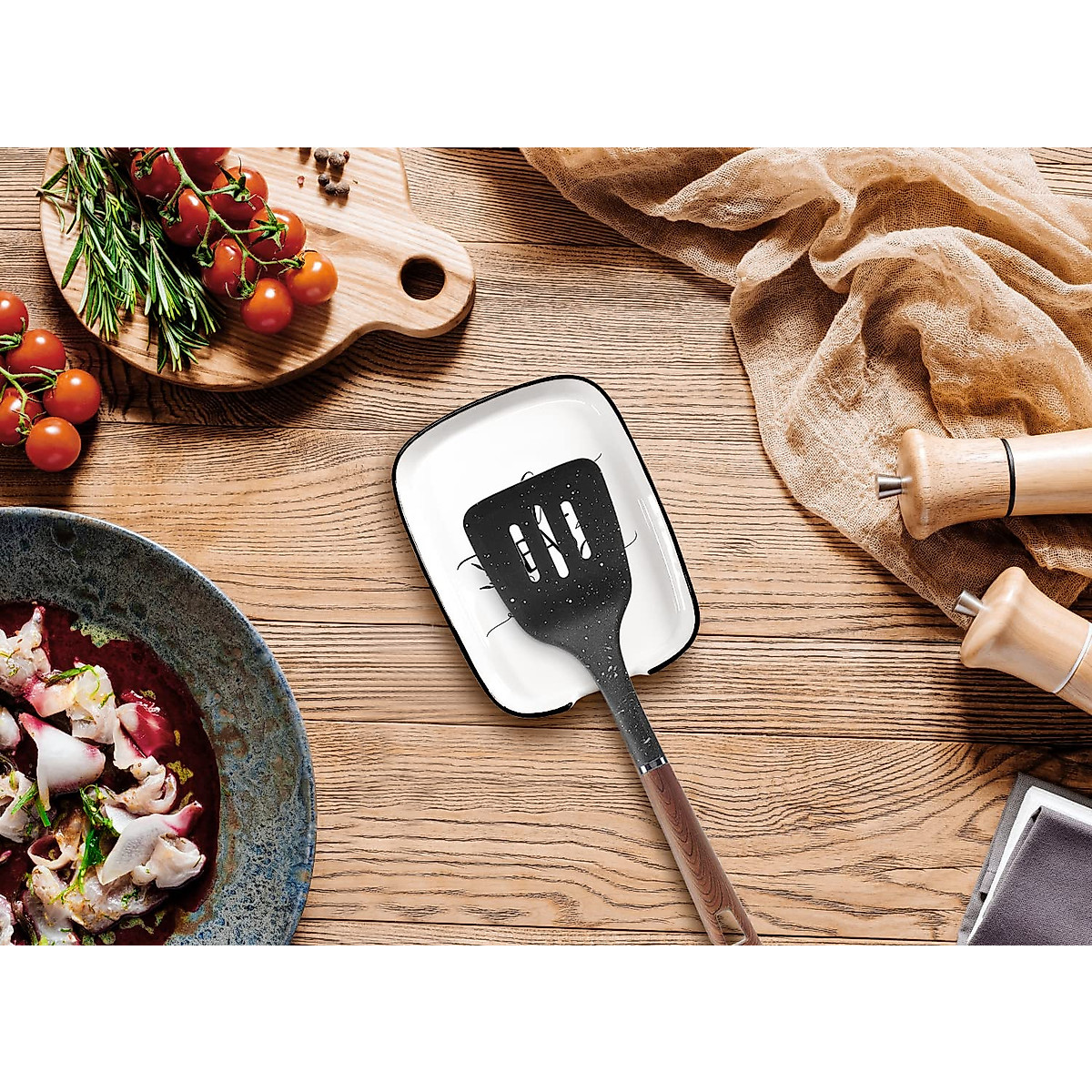 Hvukeke Ceramic Spoon Rest for Stove Top, Funny Gather Eat Laugh White Spoon Holders for Kitchen Counter, Modern Farmhouse Kitchen Cute Decor