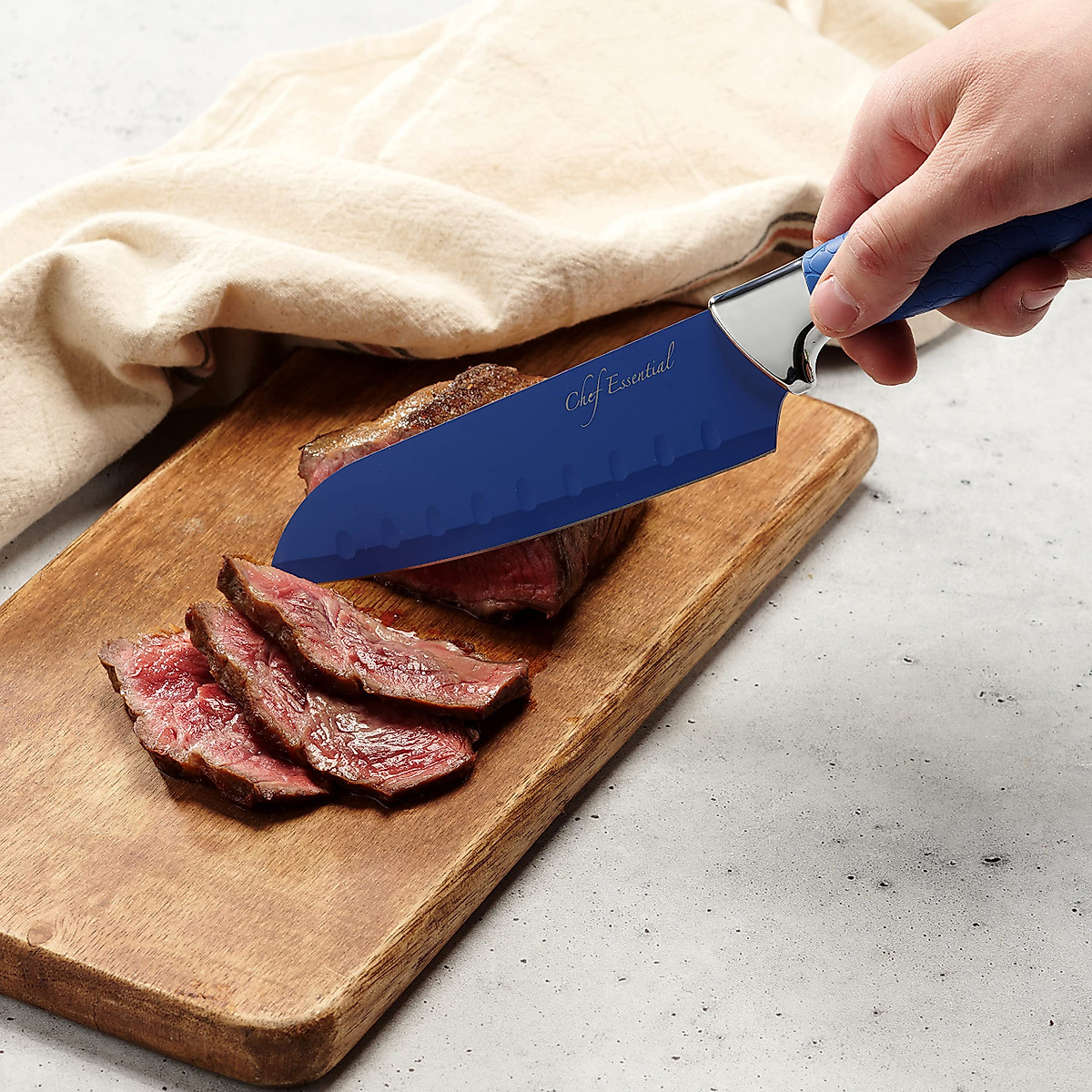 Carbon Knife Set with Block – 6-Piece Never-Dull Kitchen Knife Set – Meat, Veggie, Bread Knife Set – Nonstick Chef Knife Cooking Knives for Kitchen – Precise-Slice Carbon Steel by Chef Essential