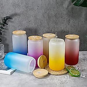 Hazelio 6 Pack Frosted Sublimation Glass Blanks With Bamboo Lid,16 OZ Sublimation Beer Can Glass Cups,Drinking Glasses Jars Mugs Tumblers With Straw,Ideal for Whiskey,Iced Coffee,Juice,Soda,Water