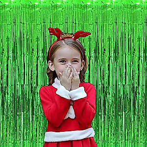 Green Tinsel Foil Fringe Curtain Party Backdrop Decorations for Christmas Graduation Birthday Wedding Engagement Bridal Baby Shower Bachelorette Holiday Celebration, Green Photo Booth Props - 2 Packs