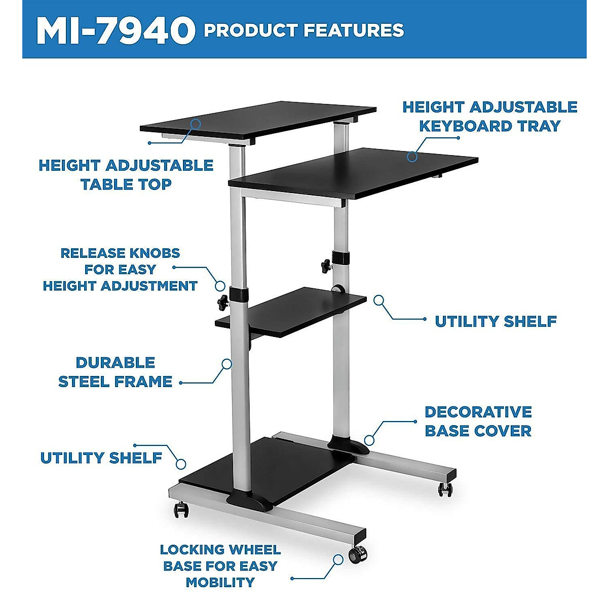 Mount-It! Mobile Standing Desk, Height Adjustable Stand Up Computer Work Station and Height Adjustable Foot Rest with Handle, Six Height Settings, and Anti-Slip Padded Surface