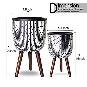 Opnons Plant Pot with Stand 2pcs 10 & 12 inches, Mid-Century Tall Planter with Legs for Indoor Plants, Boho Purple Print Standing Plant Pot with Drainage Plug for Monstera, Herb, Succulent Flower Pot