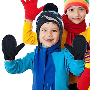 Boys Winter Hat Mitten Gloves Set Toddler Warm Beanie Earflap Baby Knit Fleece Lined Hat (Navy Blue,4-5 Years Old)