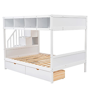 Harper & Bright Designs Twin Over Full Bunk Bed with Storage Staircase and 2 Drawers,Wood Bunk Bed Frame with 4 Storage Shelves for Kids Boys Girls Teens, No Box Spring Need,White