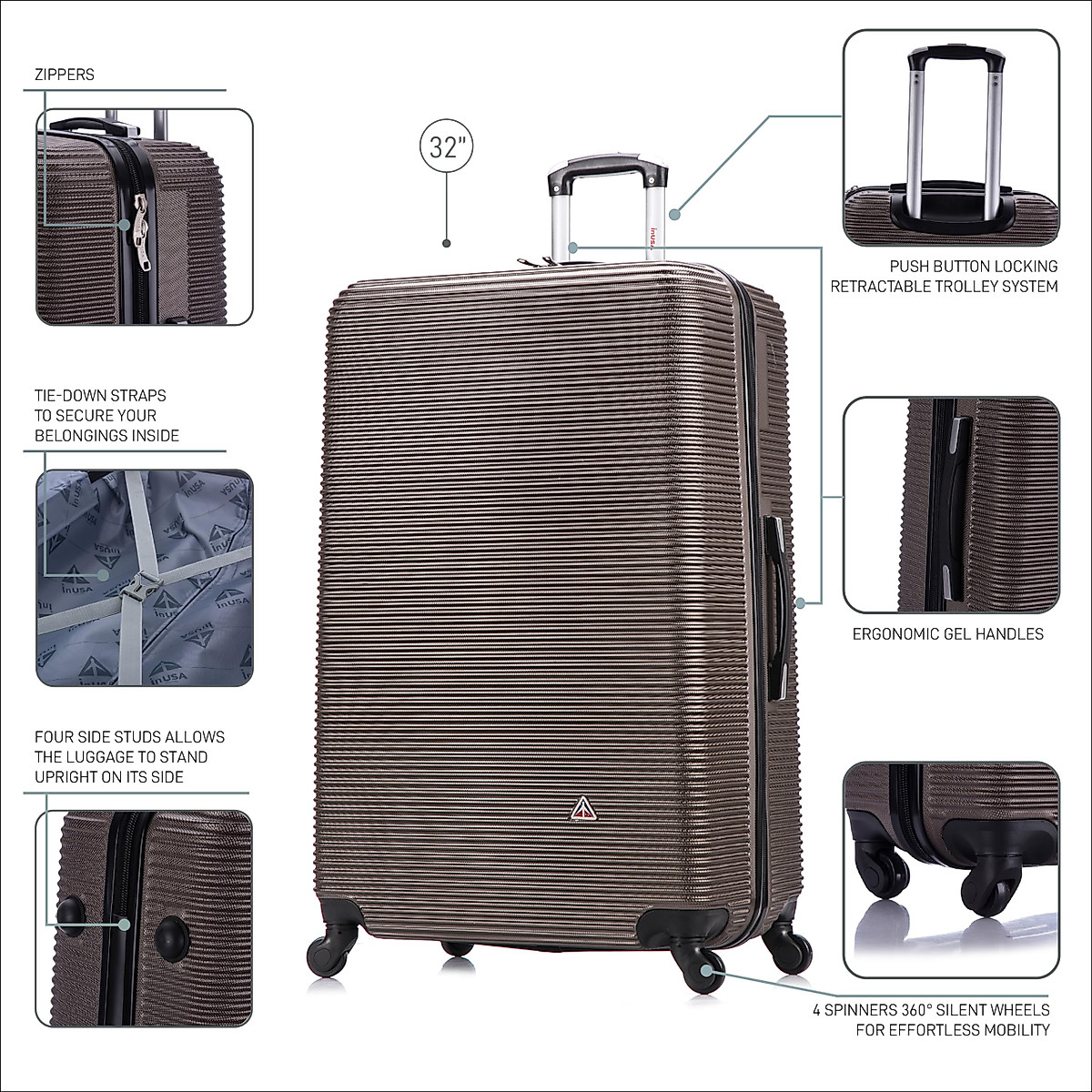 InUSA ROYAL Hardside Spinner Luggage with Ergonomic Handles | Spacious Travel Suitcase with Four Spinner Wheels and Studs | 32 Inch Extra Large Spinner Luggage | Brown