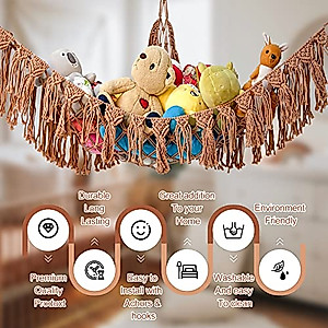 HKCDUUT Stuffed Animal Hammock, Macrame Boho Plush Toy Storage Net, Hanging Hammock for Stuffed Animals Pet, Wall Corner Toy Storage Holder Teddy Bear Net for Nursery Kids Bedroom, Caramel