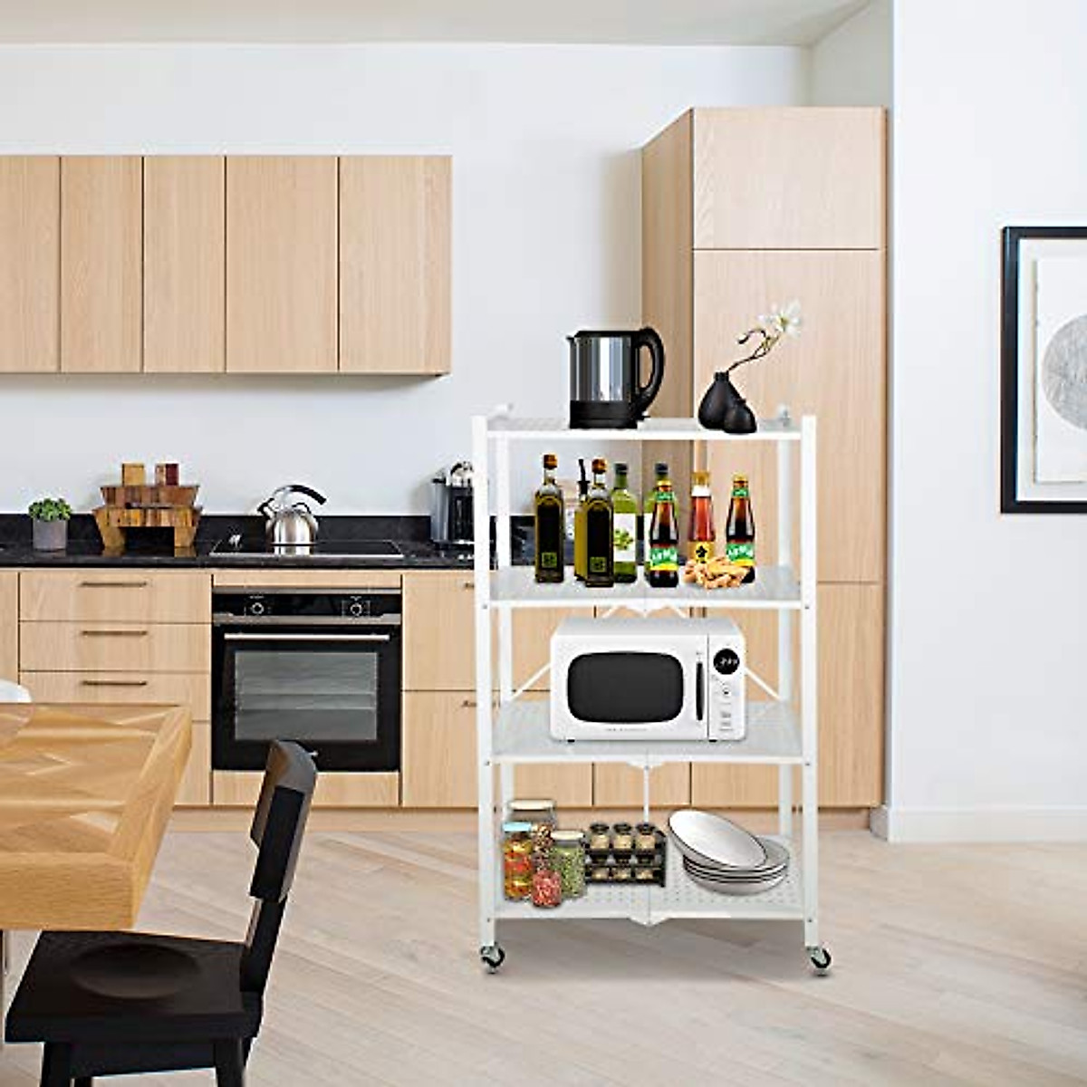 ATAAY Shelving Unit Heavy Duty Carbon Steel Foldable Storage Stand, Organizer Rack Cart with for Garage Kitchen Living/White