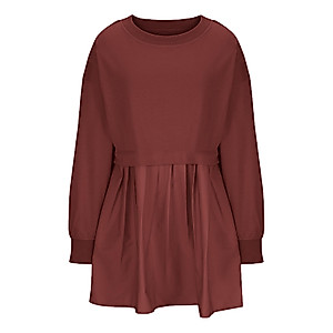 Womens Mini Sweatshirt Dress Oversized Patchwork Color Block Pleated Dresses Long Sleeve Crewneck Pullover Tops