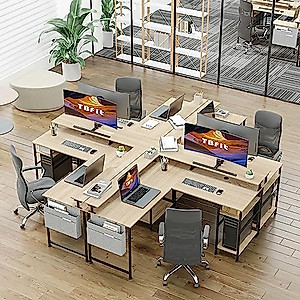 Tbfit L Shaped Desk, Reversible Corner Computer Desk with Power Outlet and LED Strip, Gaming Computer Desk with Monitor Stand and Storage Shelf, 2 Person Long Writing Study Table, Oak