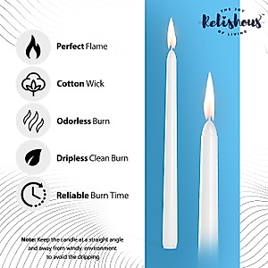 Relishous 24 Pack Tall White Taper Candles, 10 inch (H) Dripless, Unscented Dinner Candle, Smokeless Taper Candles, Paraffin Wax with Cotton Wicks, 8 Hours Burn Time