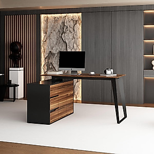 TAMUNE L-Shaped Corner Desk with Drawers, Office Desk Executive Desk with Storage Cabinet, Computer Desk with Black Metal Leg Frame, for Home Office Deep Brown and Black (54.3”W x 40.9”D x 29.1”H)