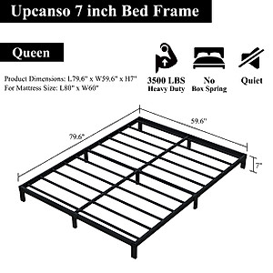 Upcanso 7 Inch Queen Bed Frame No Box Spring Need, Low Profile Metal Platform Bed Frame Queen Size, Heavy Duty Support Bedframes Queen, Easy Assembly