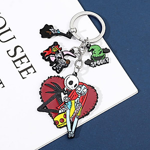 rongji jewelry Jack and Sally Charms Keychain, Horror Movie Nightmare Characters Keychain Scary Halloween Christmas Gift for Men Women Girls (Love heart)