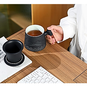 NCQIXIAO Tea Cup with Infuser and Lid, Gradual Mountain and Spray Tea Mug Cups with Infuser, Wood Handle Ceramic Coffee Mug with Lid Tea 430ml/14.50 OZ (Black)