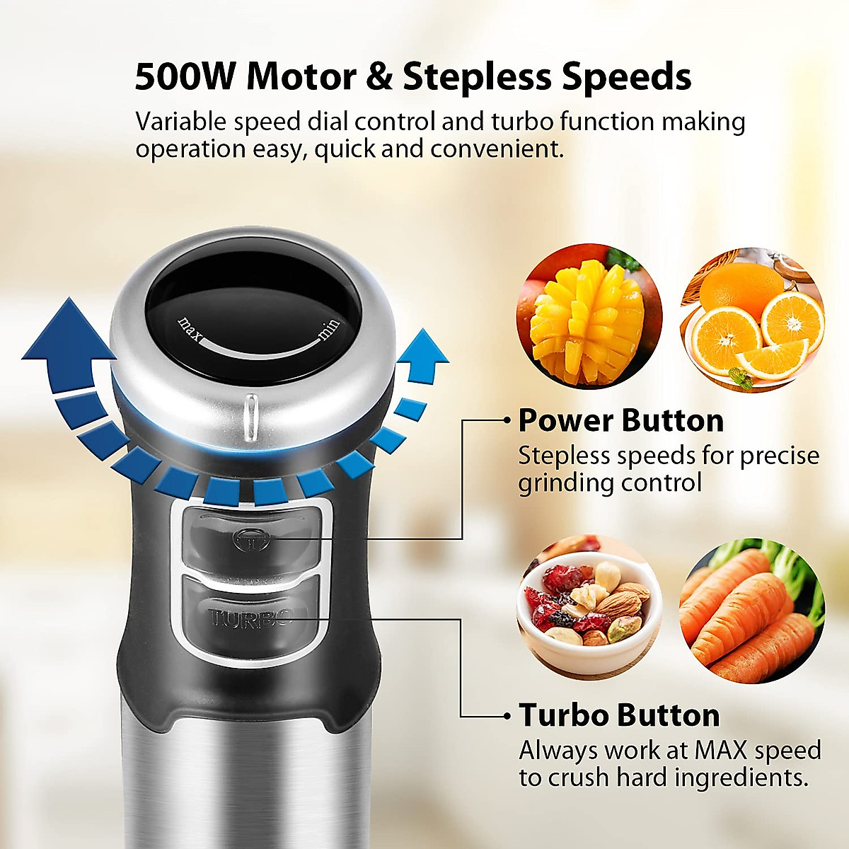 COMFEE' Immersion Hand Blender, Brushed Stainless Steel, Multipurpose Stick Blender with 500 Watts, 600ml Beaker, 500ml Chopper and Whisk, Perfect for Baby Food, Smoothies, Sauces and Soups, Black