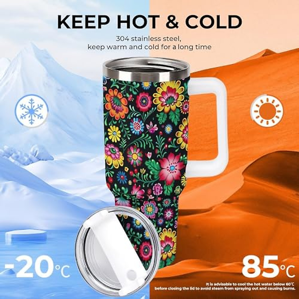 Polish Folk Art Floral Pattern 40OZ Tumbler Stainless Steel Travel Mug Water Bottle Car Cup Tea Cups with Lid White-style