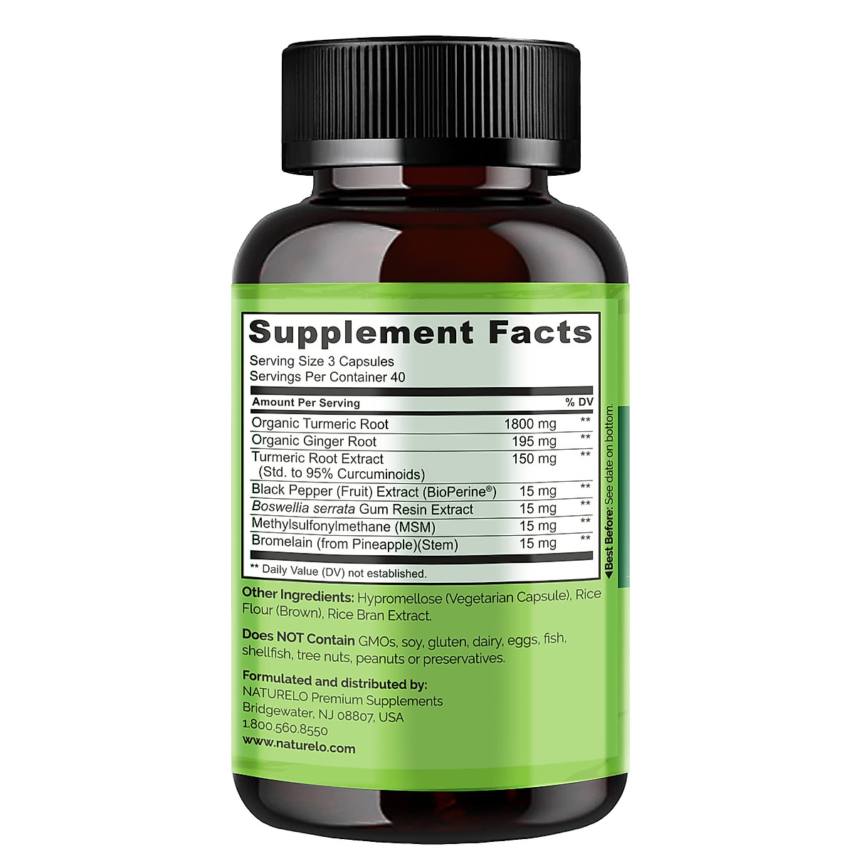 NATURELO Turmeric Curcumin - BioPerine for Better Absorption - Curcuminoids, Black Pepper, Ginger Powder - Plant-Based Joint Support - 120 Vegan Capsules