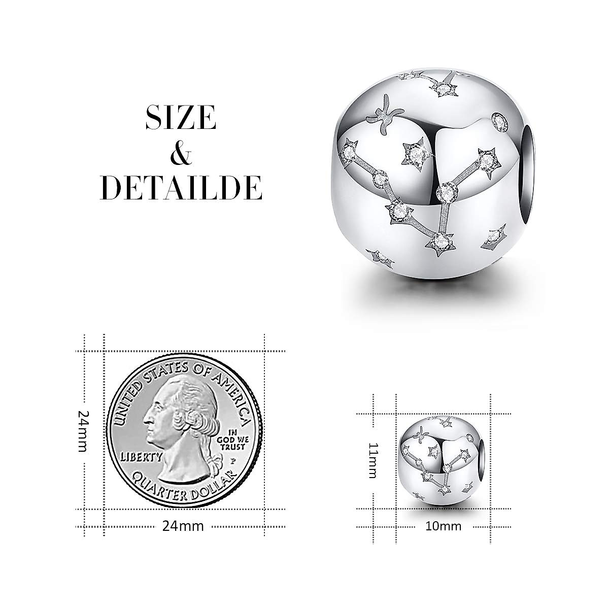 FOREVER QUEEN Pisces Zodiac Star Sign 925 Sterling Silver Bead Charm Fits Bracelets 12 Constellations Charm, Womens Jewellery Gift with Box