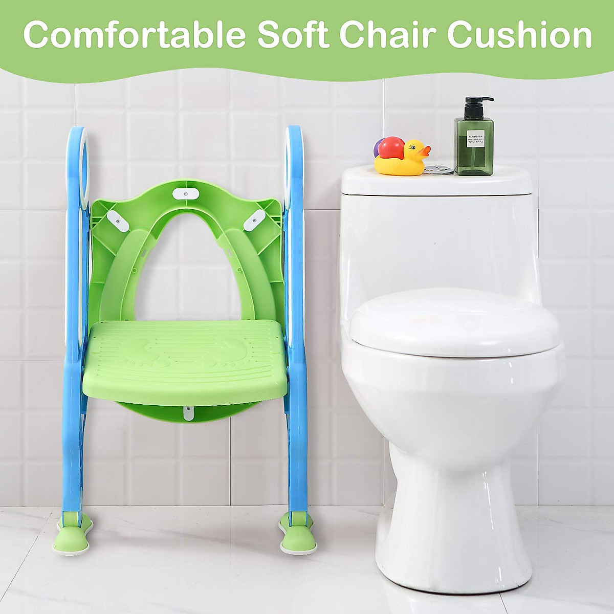 Potty Training Toilet Seat with Step Stool Ladder for Kids, Baby Toddler Toilet Training Seat with Soft Padded Seat, Safe Handles and Non-Slip Wide Step for Girls and Boys (Blue Green)