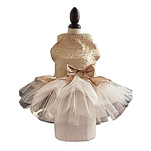 QWINEE Bow Decor Dog Dresses,Sweet Princess Cat Dress Puppy Skirt,Dog Mesh Cake Tutu Dress,Birthday Wedding Party Pet Clothes for Cat Small Medium Dog Doggie Girl Gold X-Small