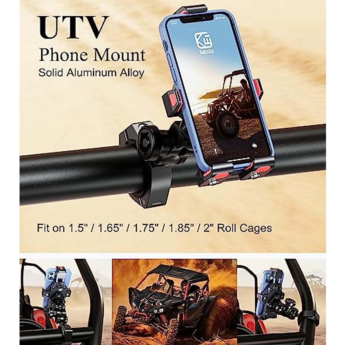 BRCOVAN Aluminum Alloy UTV Phone Holder with Vibration Dampener & High-Speed Secure Lock, Metal Anti-Shake UTV Roll Bar Cellphone Mount Fit Roll Cage 1.5/1.65/1.75/1.85/2 inch, for 4.7''-7.2'' Phones