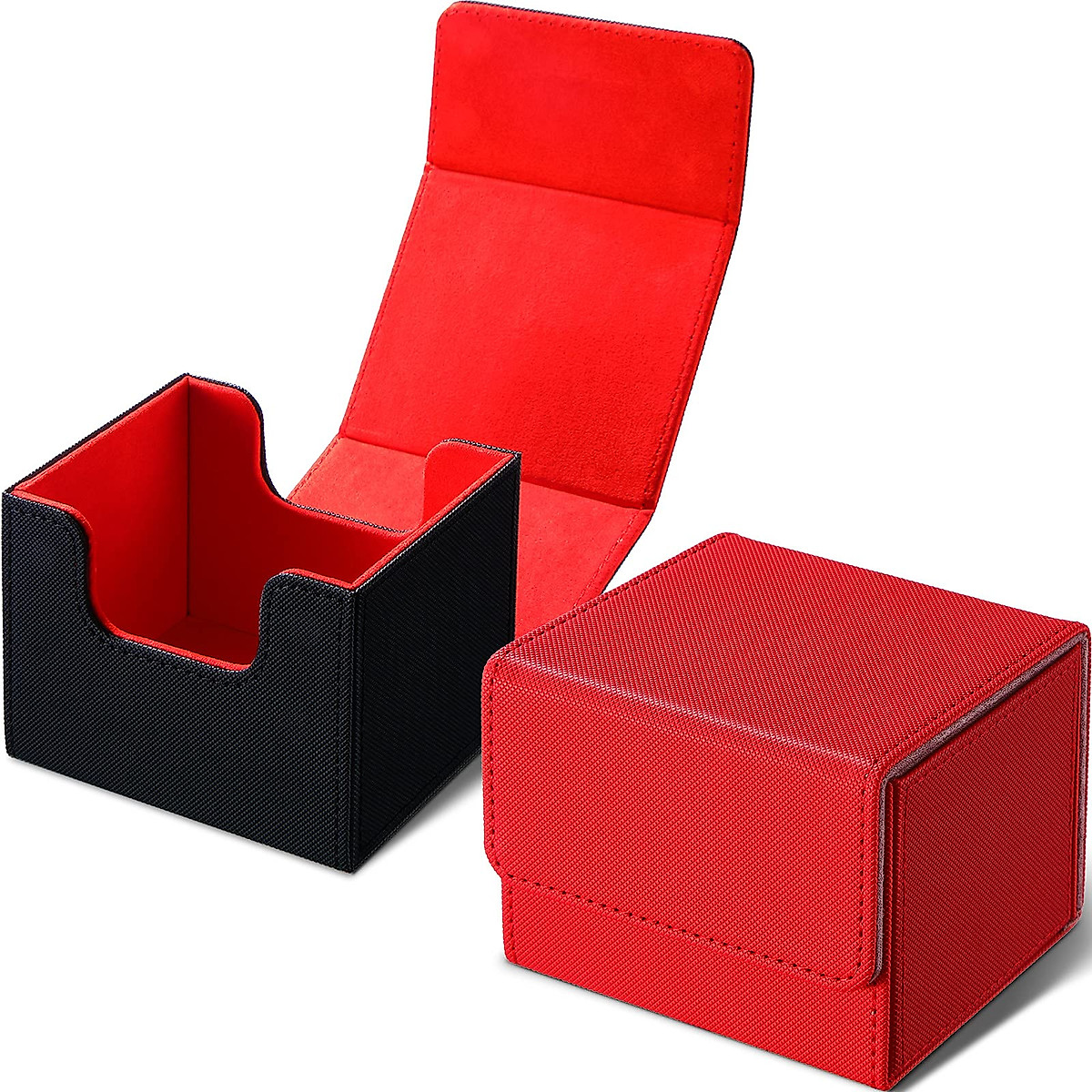 Weewooday 2 Boxes Leather Deck Card Boxes Large Size Fit 100 Plus Sleeved Cards Deck Game Box for Collectible Cards Deck Playing Card Box Compatible with MTG TCG (Black Red, Red, Horizontal)