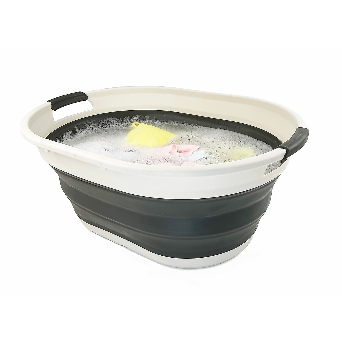 SAMMART 39L (10.3 gallons) Collapsible Plastic Laundry Basket - Foldable Washing Tub - Easy Storage & Pop Up Saving (Grey/Washed Black)