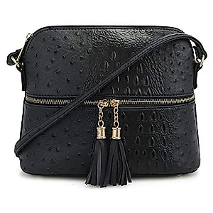 SG SUGU Crocodile Pattern Lightweight Medium Dome Crossbody Bag Shoulder Bag with Tassel | Black