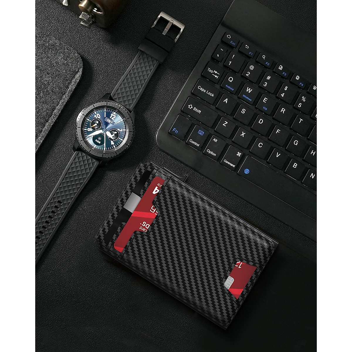 typecase Mens Wallet Card Holder: Pop Up Card Case, Genuine Leather, RFID Blocking, Smart, Slim, Minimalist, Thin - 13 Card Capacitiy, ID Window, Cash Strap (Carbon Fiber)