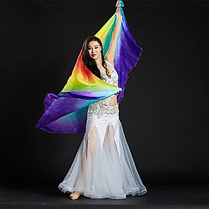 DEMON BABY 2020 Professional High-grade Pure Silk Half Circle Rainbow Belly Dance Veils Scarf Big Shawl(1Pair-Double Veils;#4)