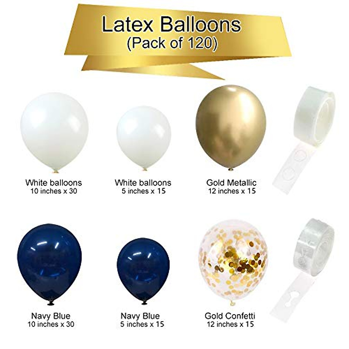 Navy Blue Balloons Garland Kit, 120 pcs Navy and Gold Confetti White Balloons Arch with 16ft Tape Strip & Dot Glue for Party Wedding Birthday DIY Decoration