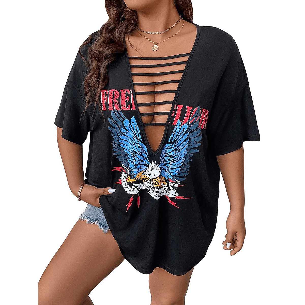 SOLY HUX Women's Plus Size Letter Graphic Tees Cut Out Deep V Neck Half Sleeve T Shirts Tops Black Graphic 2XL