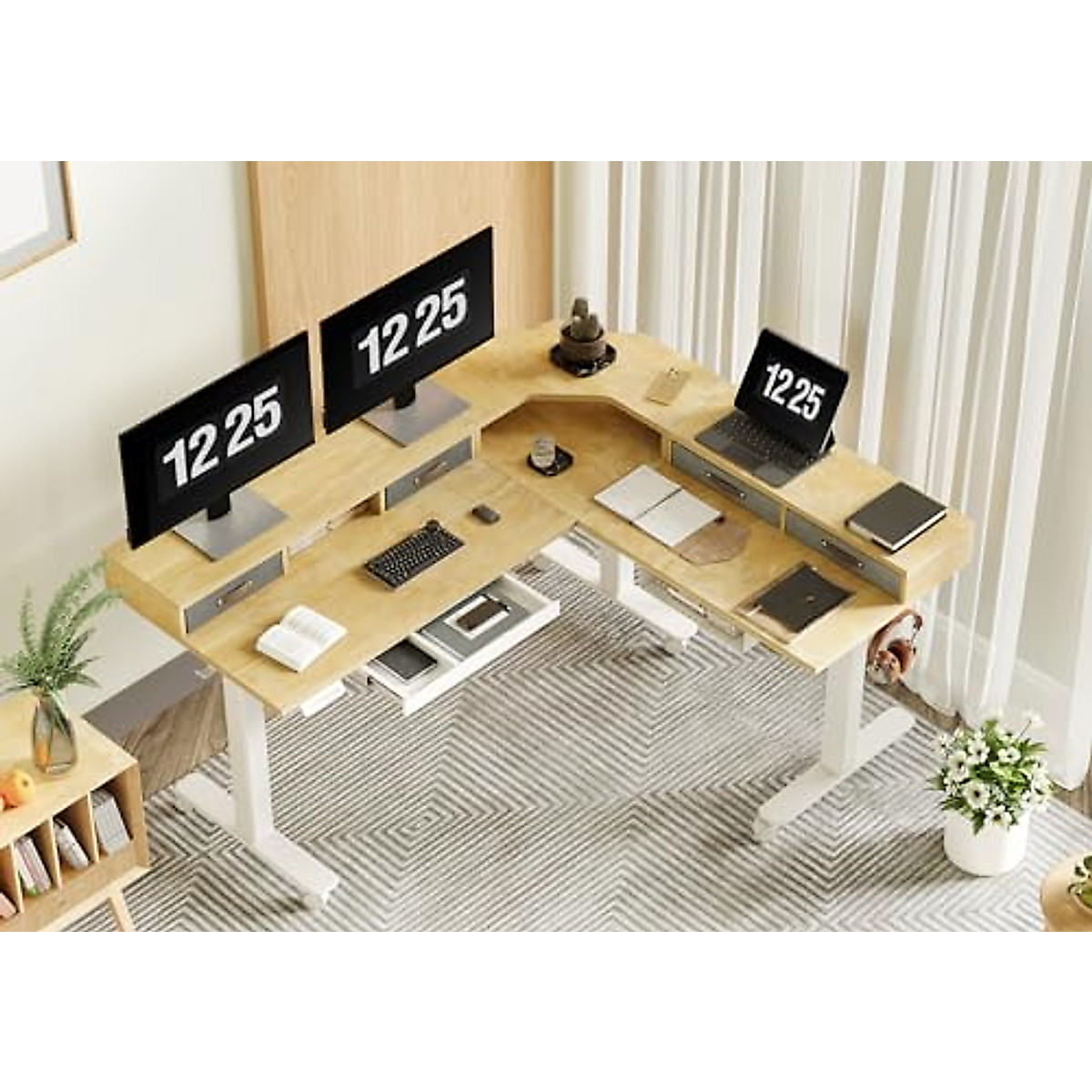 INNOVAR Triple Motor L Shaped Standing Desk with Drawers, Solid Wood Adjustable Corner Stand Up Desk, 63" Electric Standing Desk for Home Office, White Frame/Nature Top