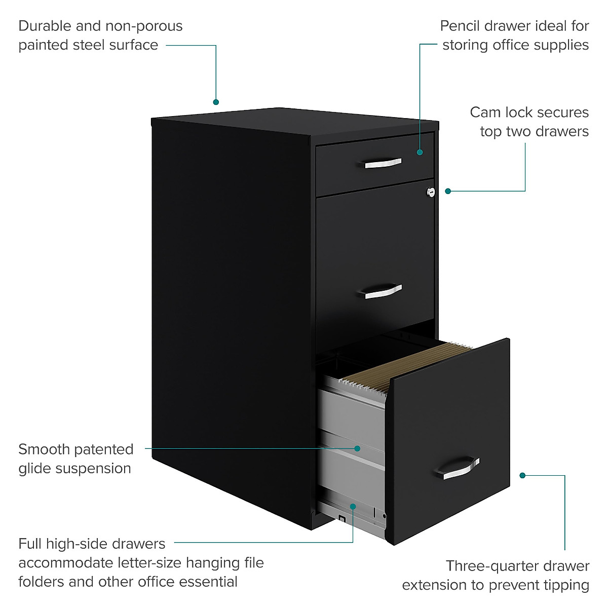 Hirsh Industries Space Solutions 18in Deep 3 Drawer Metal Organizer File Cabinet Black, Letter Size, Fully Assembled
