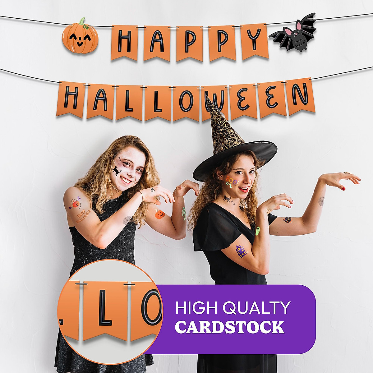 HOUSE OF PARTY Happy Halloween Banner - Happy Halloween Sign - Happy Birthday Halloween Banner - Indoor Halloween Party Decoration with Bat and Pumpkin - Perfect for Mantle, Halloween Party Decor!