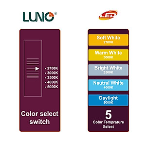 LUNO A19 Dimmable LED Bulb, 6W (40W Equivalent), 480 Lumens, 2700K, 3000K, 3500K, 4000K, 5000K, Color Selectable, 5CCT, UL Listed (4-Pack)