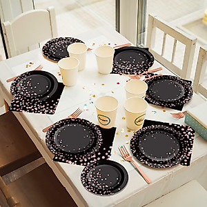 96PCS Black and Rose Gold Party Supplies Rose Gold Paper Plates Napkins Women Birthday Decorations Party Tableware Set Black Disposable Paper Plates Table Decors for Wedding Bridal Shower Serve 24