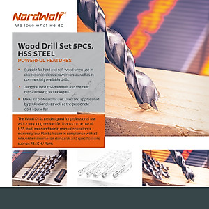 NordWolf 5-Piece HSS Brad Point Wood Drill Bit Set with 1/4" Hex Shank for Carpenter Woodworking, SAE Sizes 3/16"-1/4"-5/16"-3/8"-1/2"