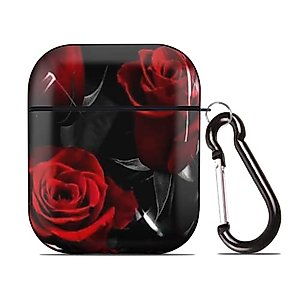 Red Rose and Black Leaf Flowers for AirPods Case Cover for Airpods 1&2, Wireless/Wired Charging Protective AirPods Case with Keychain