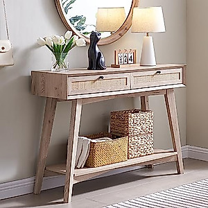 OKD Rattan Entryway Table, 46" Mid Century Modern & Boho Console Table with Drawers, Storage Shelf, Tall Long Farmhouse Wood Sofa Table Behind Couch for Entry Way, Hallway, Living Room, Foyer, Oak