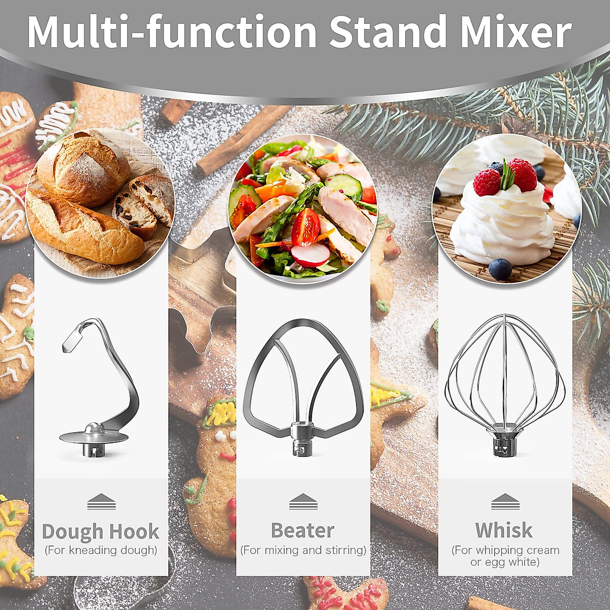 Vospeed 9 IN 1 Stand Mixer, 850W Tilt-Head Multifunctional Electric Mixer with 7.5 QT Stainless Steel Bowl, 1.5L Glass Jar, Meat Grinder, Hook, Whisk, Beater Dishwasher Safe - Silver