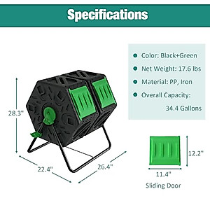 TRY & DO Outdoor Dual Chamber Compost Tumbler – Large Garden Tumbling Composter with 2 Sliding Doors and Lockable Brake - Rotating Compost Bin - 34.4 Gallon (2-17.2 Gal)