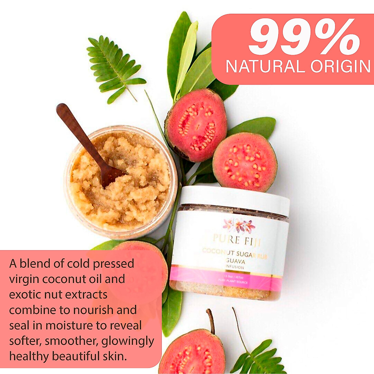 Pure Fiji Coconut Sugar Body Scrub - Body Exfoliator Scrub Natural Origin for Smooths and Softens Skin - Organic Exfoliating Sugar Scrub for Body, Guava, 15.5 Oz