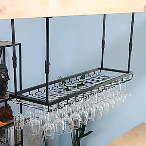 FKRACK Wine Glass Holder Ceiling Mounted Wine Glass Hanging Rack Industrial Height Adjustable Wine Glass Shelf (Color : Black, Size : 120×40cm)