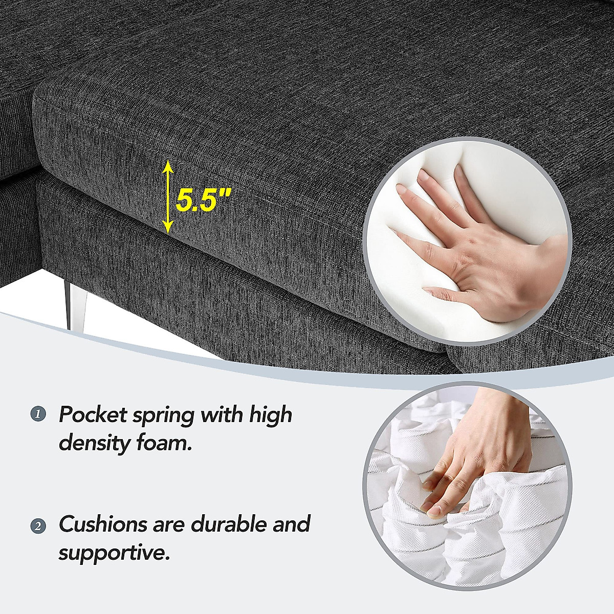 OPTOUGH Modern Chenille Fabric Convertible Sectional Sofa with Reversible Chaise,L-Shaped Couch 3-Seat Sofacair with 2 Pillows for Living Room,Apartment (86" Drrk Grey)