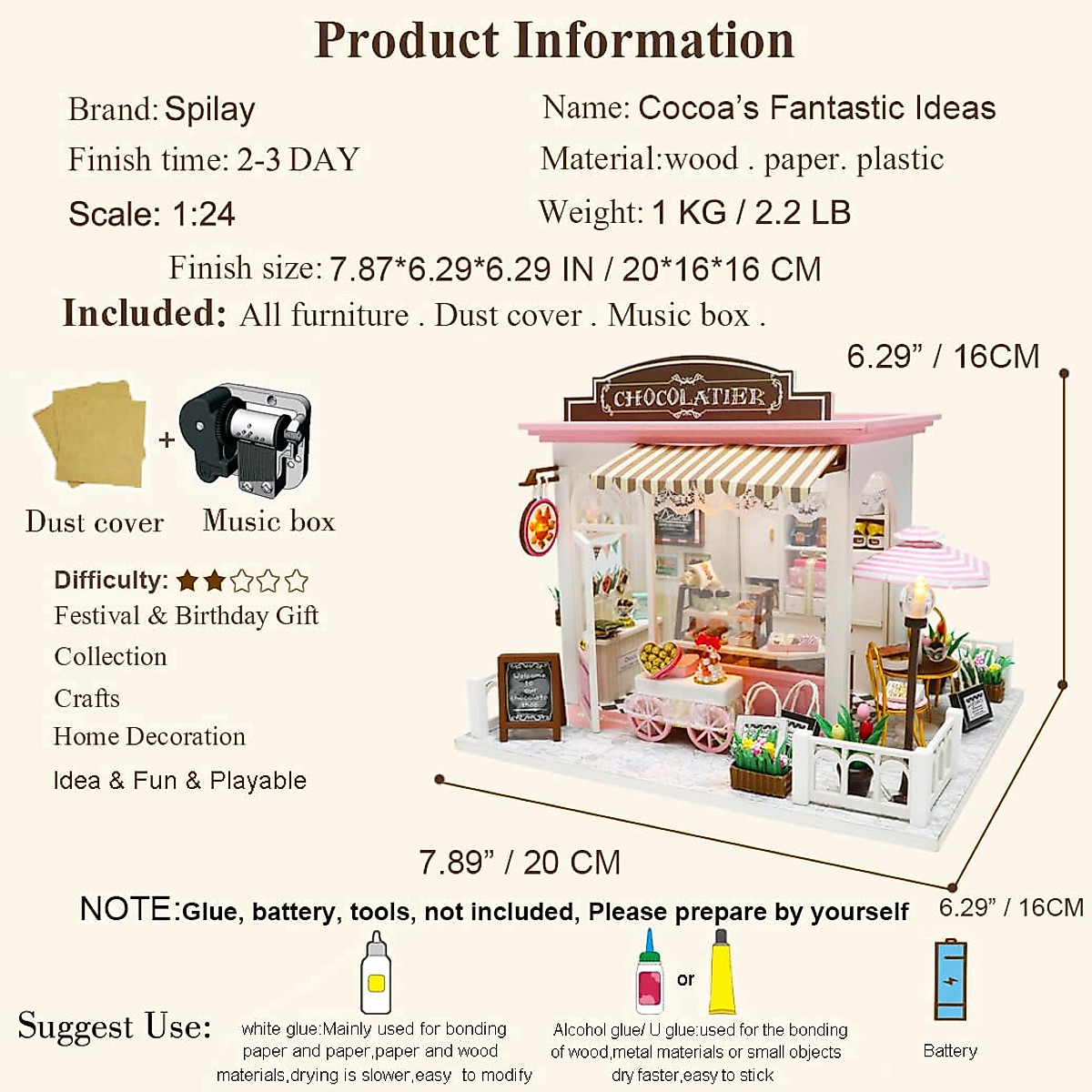 Spilay Dollhouse Miniature with Furniture,DIY Dollhouse Kit Mini Handmade Crafts with Dust Cover and Music Box,1:24 Scale Creative Room Birthday for Women and Lover (Fantastic Ideas)